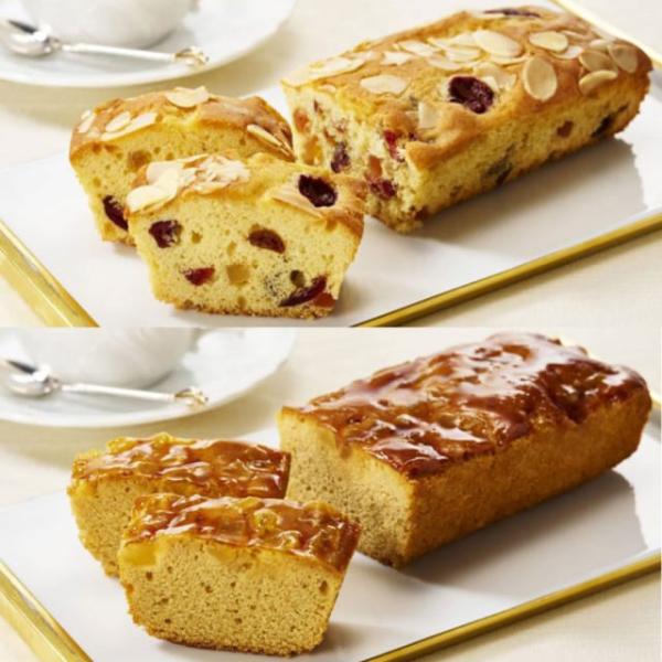 色とりどりのドライフルーツを練りこんだパウンドケーキと、紅茶の風味とりんごの食感が特徴のパウンドケーキの2品セットでお届けします。●フルーツケーキ：1個シロップと洋酒にじっくり漬け込んだ色とりどりのドライフルーツを生地に練りこんで焼き上げま...