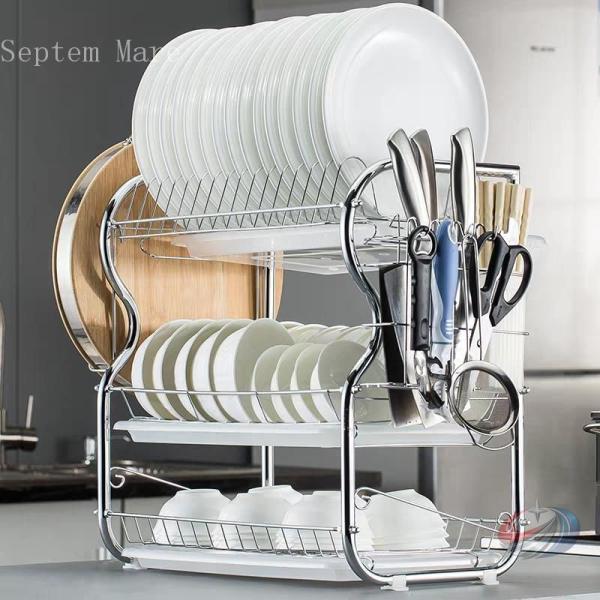 安定性と耐久性：3層の食器排水ラックは重金属でできており、高い硬度、安定性、耐久性を備えています。錆びを防ぐために磨かれた溶接プロセス。そのため、キッチンや食品の用途に非常に適しています。広い収納スペース：3層の食器棚は、食器洗い後の排水と...