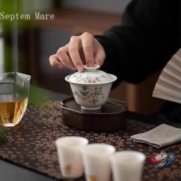 「手描き茶器」中国徳化県産 手描き茶器 「さくら」蓋碗 陶磁器 茶道具 中国茶器 台湾茶器 烏龍茶