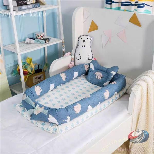 【商品名】ベビーベッド ベッドインベッド【主な素材】表地：コットン100%  芯材：ポリエステル、コットン【セット】マットレス、サイドガード、枕3点セット【対象】0-24ヶ月【サイズ】約90*50*15CM【洗濯表示】1.ファスナーでカバー...