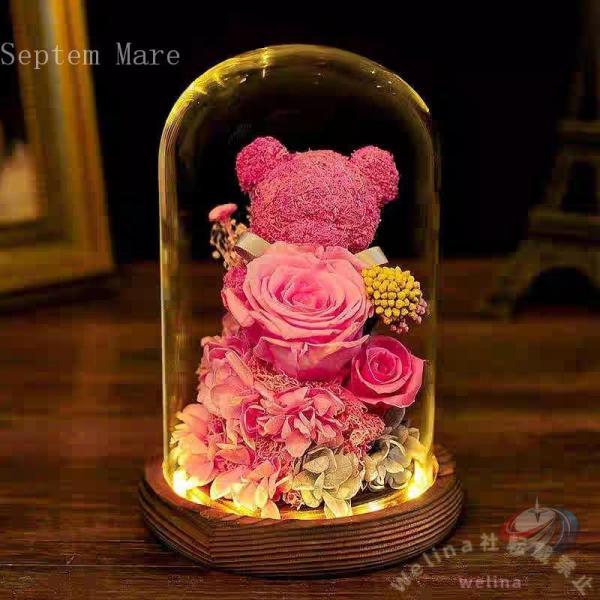 ??【サイズ】：直径12.5cmX高さ19cm　　??【花材】：最高級のプリザーブドフラワーを使用しています（品質保証）　ポット：ガラス　 台座：天然木　 【電池式】:単4乾電池×3個(別売り)??【付属品】：(1)安心してご注文して頂きた...