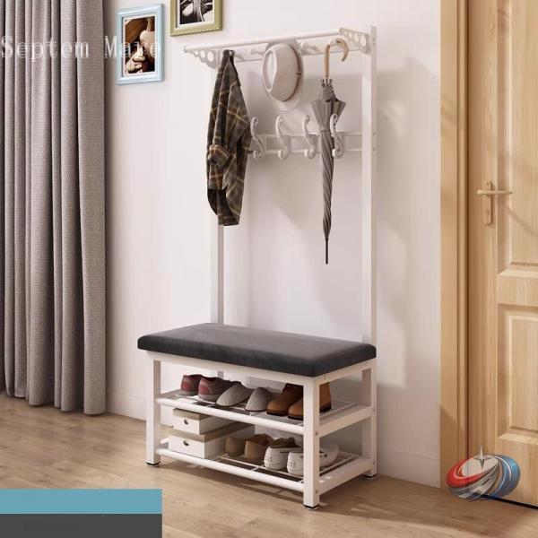 4イン1玄関コートラック 靴ベンチ ホールツリーハンガーラック玄関コートシューズラック3段玄関収納棚収納ベンチ シューズラック メタルフレーム付き コートラッ
