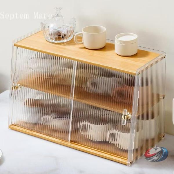 食器棚 卓上食器棚 アクリル扉 ミニ食器棚 キッチン収納棚 キッチンキャビネット 引き戸 卓上収納棚 竹製 北欧風 レンジボード 調味料入れ 収納便利 防塵 クラム