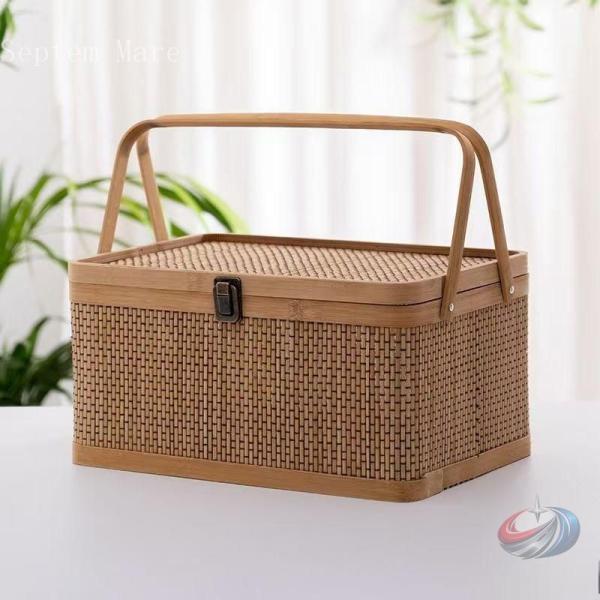 竹籠 竹篭 収納ケース 編まれた 天然素材 ふた付き 野点 茶道 茶道具 収納箱 フタ付き かご 収納 バスケット 長方形ピクニックバスケット 整理収納竹ポータブル