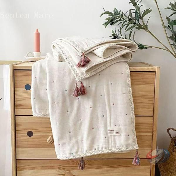 落ち着いた色合いでおしゃれなガーゼケット・フリンジがかわいい・吸湿 通気 無添加 肌にやさしい多用途ひざ掛け、肌掛け布団、ブランケット、毛布、膝掛け(ベビー、子供用 、大人用)肌に優しく安心のコットン100％素材天然素材のコットンをたっぷり...