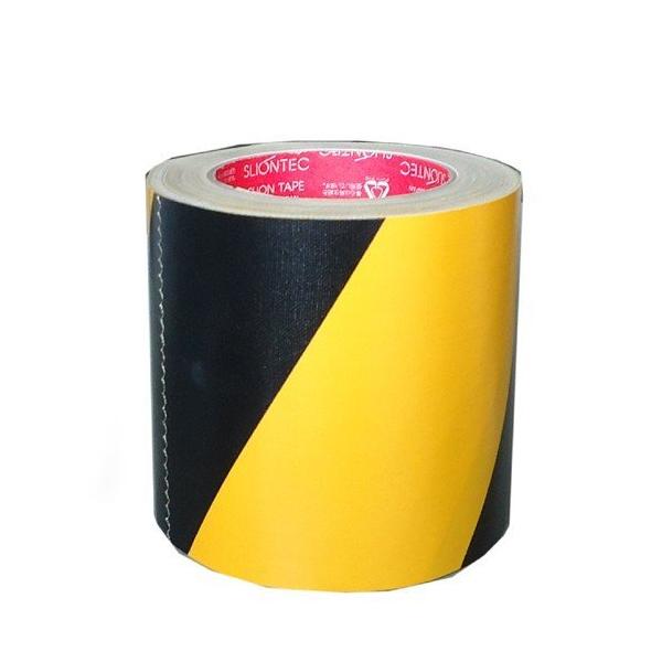 製品　危険表示用布テープ黄/黒のストライプ柄の布テープです。手で簡単に切れ、重ね貼りができます。用途・特長一般梱包用、識別、ライン表示、工作などに使えます基材：ポリエチレンラミネート布粘着剤：ゴム系粘着剤テープ厚：0.26ｍｍ粘着力：2.7...