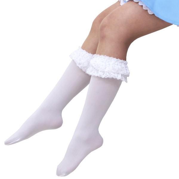 ティアードレースに細めのリボンがベストマッチ！甘めのコスプレにプラスしたい二重レース付きの白ハイソックス。スカートにボリューム感のあるメイド服など、女の子っぽい衣装に合うコスプレ小物！透け感のある清楚なレースハイソックスは、着けるだけで足元...