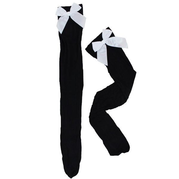 コスプレ 衣装 ニーソ ソックス スカーフ リボン スカート 小物 アクセサリー イベント　コスプレ用小道具 コーデの主役になりそう♪リボンが可愛いモノトーンニーハイ。●伸縮性のあるブラックニーハイ●履き口部分に真っ白リボン付き●万能に使え...