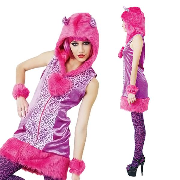 人とかぶらない個性的なハロウィン仮装をお探しの方に！フューシャピンクのビビッドなカラーが注目度抜群な、可愛いヒョウ柄の悪魔コスプレ。獣感のあるもこもこファーのフード付ワンピースとファーブレスレットで、全身をド派手にコーディネート！近未来から...