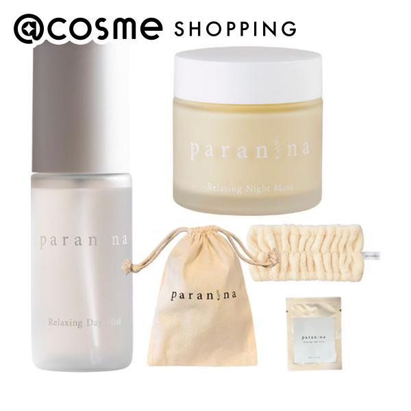【セット内容】・リラクシングナイトマスク　50g・リラクシングデイミスト　50ml・リラクシングナイトマスクサンプル　1g・paraninaオリジナル巾着(W180mm×D250mm) 1個・ロゴ入りヘアバンド(W180mm×D90mm) ...