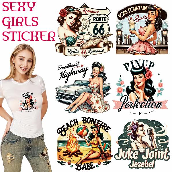 商品名：デザインアイロン転写シート商品情報： アメリカンレトロな女の子のアイロン接着シートです！お散歩バッグやTシャツ、その他オリジナルのグッズ作成に。ご自宅のアイロンで簡単に接着できます。広告文責：コスメ美美（053-414-2607）