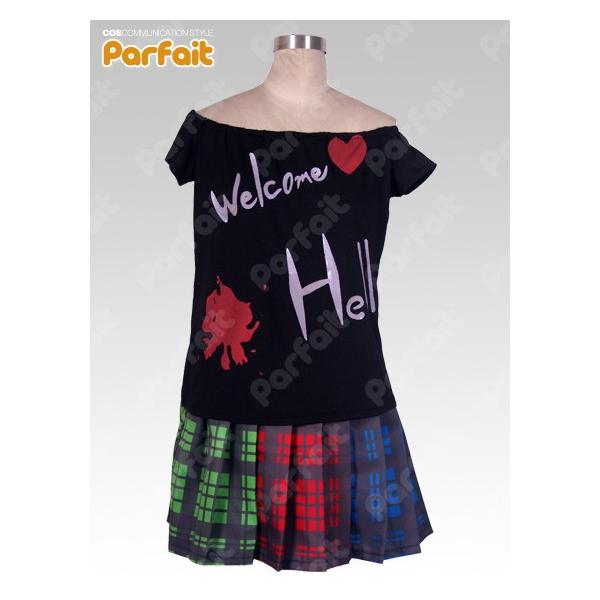 東方紺珠伝の「ヘカーティア・ラピスラズリ」です。シャツはプリント、スカートはチェック模様のプリントでできています。【セット内容】シャツ、スカート、帽子、チョーカー【生地の種類】混紡【材質】ポリエステル100%