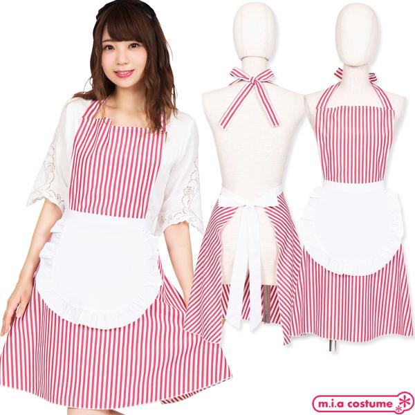 細めのストライプ柄が大人可愛いエプロン。ウエストの白いフリルエプロンは一体型です。首と腰でリボン結びするタイプなので体系に合わせてサイズ調整可能。キッチンだけでなく、お料理教室、ギフト、ホームパーティーにも！アメリカンダイナーやウェイトレス...