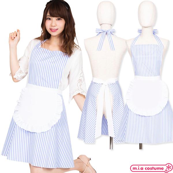 細めのストライプ柄が大人可愛いエプロン。ウエストの白いフリルエプロンは一体型です。首と腰でリボン結びするタイプなので体系に合わせてサイズ調整可能。キッチンだけでなく、お料理教室、ギフト、ホームパーティーにも！アメリカンダイナーやウェイトレス...