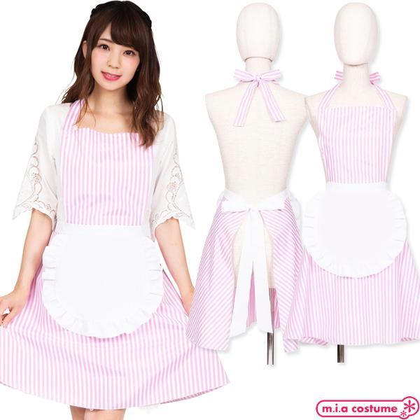 細めのストライプ柄が大人可愛いエプロン。ウエストの白いフリルエプロンは一体型です。首と腰でリボン結びするタイプなので体系に合わせてサイズ調整可能。キッチンだけでなく、お料理教室、ギフト、ホームパーティーにも！アメリカンダイナーやウェイトレス...