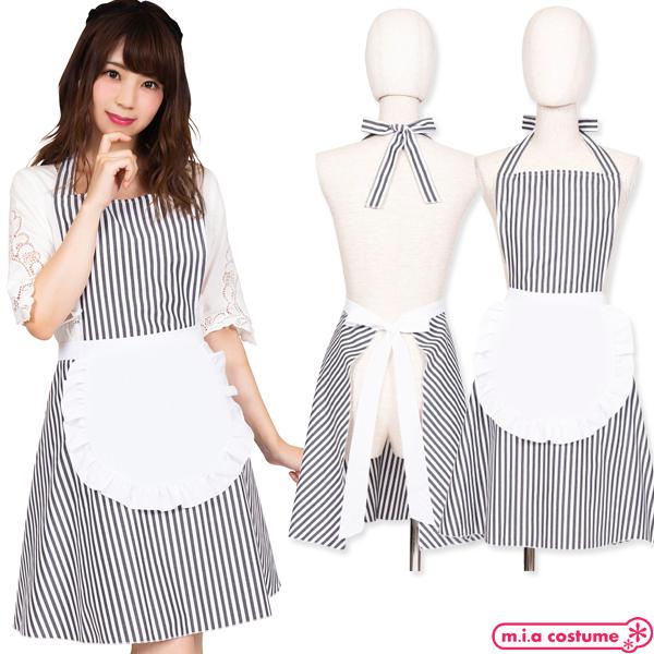 細めのストライプ柄が大人可愛いエプロン。ウエストの白いフリルエプロンは一体型です。首と腰でリボン結びするタイプなので体系に合わせてサイズ調整可能。キッチンだけでなく、お料理教室、ギフト、ホームパーティーにも！アメリカンダイナーやウェイトレス...
