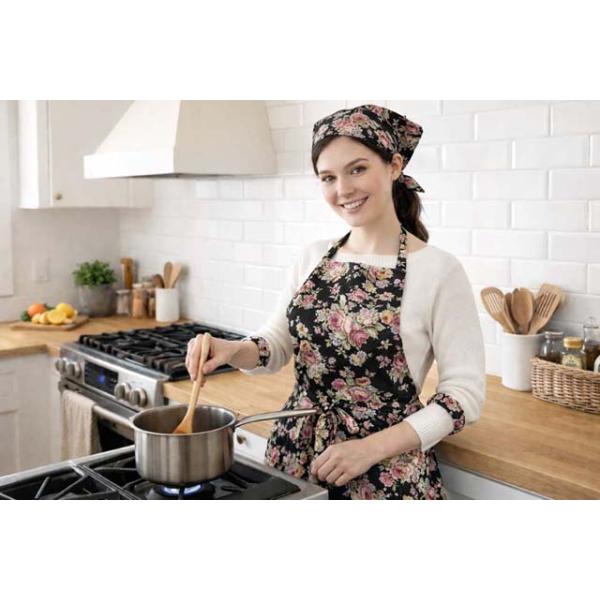 cottonNINAの姉妹ブランド Bouquet de bouquetの商品です。<BR>エプロン、三角巾、アームバンド2個（シュシュにも使えます）のセットです。<BR>エプロンのボタンには、高級貝ボタン（黒蝶貝o...