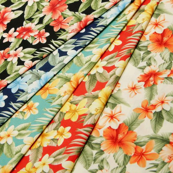 鮮やかなハワイアン、ハイビスカスとプルメリアのプリントのブロード生地です。フラダンス用品、カバー、インテリア、袋物などにオススメです。（カラー：ブラック、ネイビー、エメラルドグリーン、レッド、アイボリー）◎50cm【数量が5】以上、10cm...