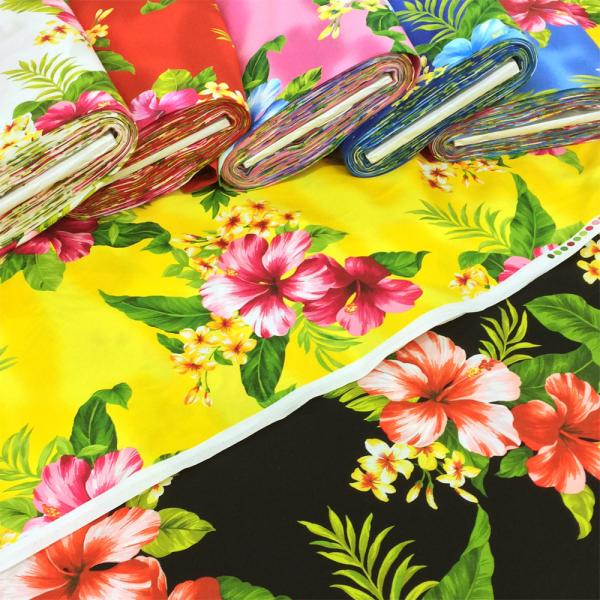 鮮やかなハワイアン　ハイビスカス柄のブロード生地です。フラダンス用品、カバー、インテリア、袋物などにオススメです。（カラー：ホワイト イエロー レッド 水色 ブラック ピンク ネイビー）★同じ柄のキルティング生地あります◎50cm【数量が5...