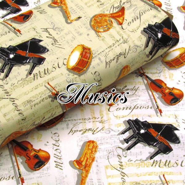 生地/布/綿/コットン/プリント/楽器/音楽/おんがく/バイオリン/ピアノ/サックス/スネアドラム/ホルン/音符/五線譜