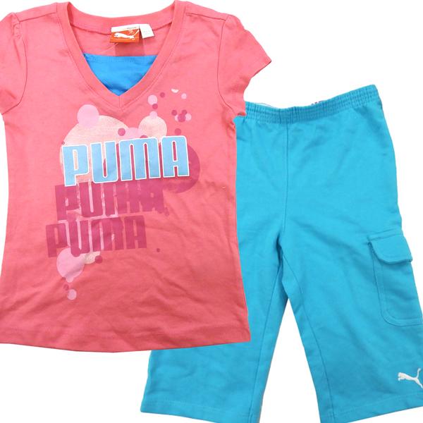 アメリカで買い付けたカラフルでお洒落なPUMA女の子用上下セットカットソーはレイヤード風Vネックカーゴ風カットパンツのウエストゴム部分にはPUMAのロゴ入りビビットなデザインで 誰とも被らないオススメウエアです。中国製■メール便(ポスト投函...