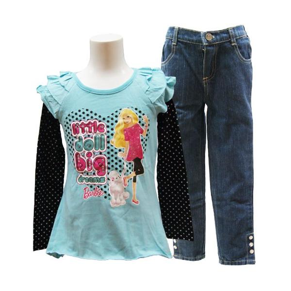 【アメリカ買付商品】Birbie バービー 子供服 キッズ セットアップ 上下セットペットを連れたバービープリントがとっても可愛いオシャレな重ね着風カットソーとデニムの上下セット文字部分にラインストーン付できらきらデニムはウエスト後ろゴム、...