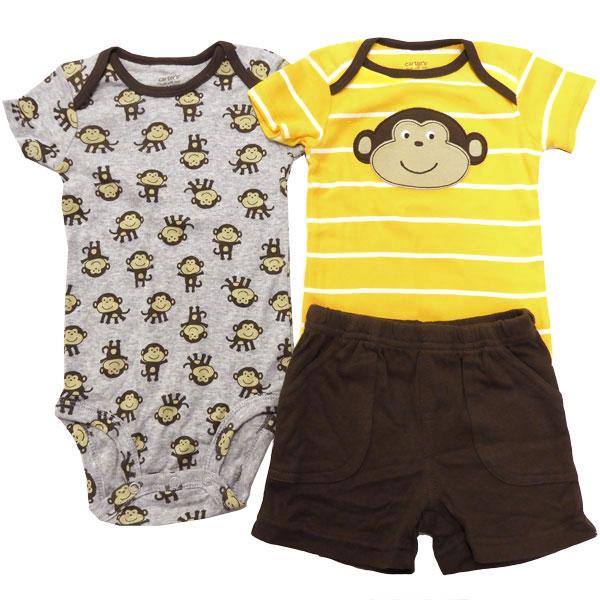 半袖Tシャツ、ボディスーツ、ショートパンツのおさるが可愛い3点セットアップTシャツのおさるはアップリケ、ボディスーツのおさるの総柄がとってもキュート着回しができて便利、遊び着に最適deです。中国製※返品交換不可■メール便(ポスト投函・破汚損...