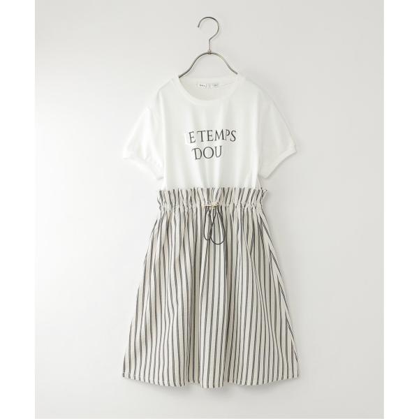 ロゴTシャツとスカートを組み合わせた、一枚でコーデが決まるドッキングワンピース。ハイウエスト風にドロストがついているため、リラックスな着心地とメリハリのきいたスタイルを叶えます。【素材】ストライプ布帛×カットソー【デザイン】スカート×ロゴT...