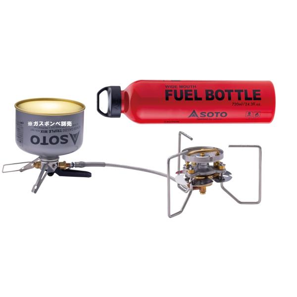 ノズル交換なしでガソリンとガスボンベ（OD缶）、どちらの燃料も使うことができる"ハイブリッドストーブ"と専用広口フューエルボトルCR Lのセットです。バーナーヘッドに広がる炎口の数は約300個。 この圧倒的な数により火足の短い炎を実現。全炎...