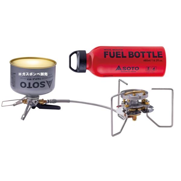 ノズル交換なしでガソリンとガスボンベ（OD缶）、どちらの燃料も使うことができる"ハイブリッドストーブ"と専用広口フューエルボトルCR Mのセットです。バーナーヘッドに広がる炎口の数は約300個。 この圧倒的な数により火足の短い炎を実現。全炎...