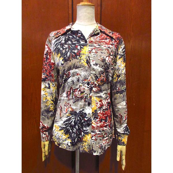 ◆商品名◆1970's GLAZIER レディース 風景 総柄 長袖シャツ◆サイズ◆肩幅：約38cm身幅：約48cm袖丈：約58cm着丈：約63cm※計測箇所によって多少異なりますのでだいたいの目安としてお考えください。◆状態◆目立った傷や...