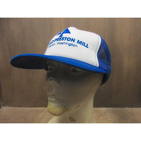 ◆商品名◆1980’s DEADSTOCK COPAC-PRESTON MILL 5パネルスナップバックメッシュキャップ 青×白◆サイズ◆表記：ONE SIZE FITS ALL頭周り：約55cm~約60cm（写真のマネキンの頭周りは約52...