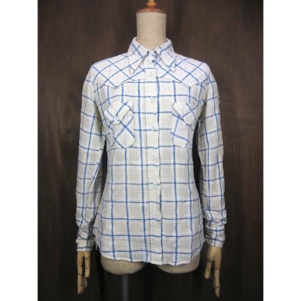 ◆商品名◆1970's MISCELLANY レディース チェック ウエスタンシャツ 白×青 size M◆サイズ◆表記：M肩幅：約36cm身幅：約46cm袖丈：約58cm着丈：約61cm※計測箇所によって多少異なりますのでだいたいの目安と...
