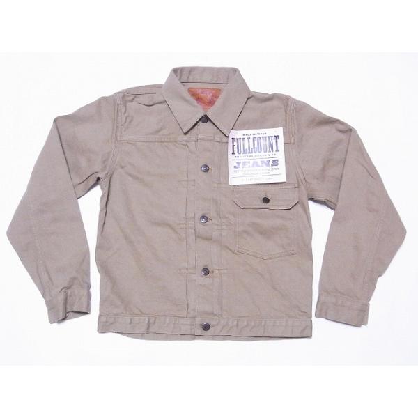 フルカウント(FULLCOUNT)のベージュ・デニムジャケット(ジージャン)"2107BE"ファーストタイプ(TYPE 1st Beige Denim Jacket 12oz.)です。タテ・ヨコ共にベージュに染色した番手違いのムラ糸(7番×...