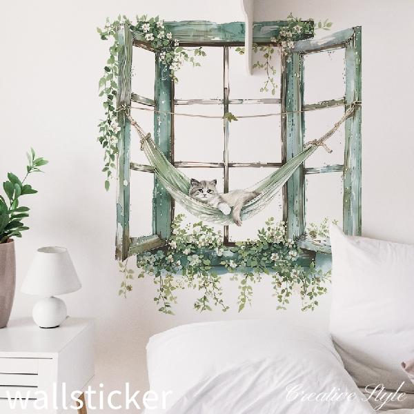 ★商品説明★商 品 名：ウォールステッカー 木 花 おしゃれ 北欧 猫 海 キッチン インテリアシール 猫 植物 トイレ 英文 壁紙シール ウォールシール window ＆ cat 商品番号：WS-FUNF121材　　質：ポリ塩化ビニルサ ...
