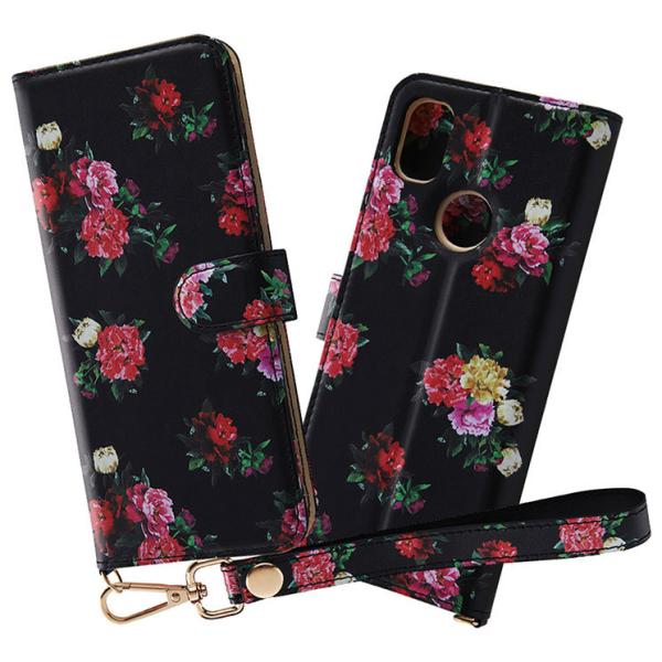 対応:あんしんスマホ KY-51B<br>デザイン:花柄 ブラック<br>説明:使いやすさとデザインにこだわった高機能な手帳型ケース。取り出しやすい大容量のカード収納ポケット付。スナップボタンで取り外し簡単なハンドス...