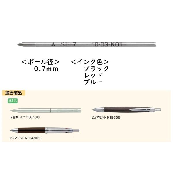 ≪商品スペック≫○商品名:ボールペン 替芯 （油性）○品番:SE7.24（黒）、SE7.15（赤）、SE7.33（青）○適合商品　　　MSE-3005（ピュアモルト）　　　MSE4-5025（ピュアモルト）　　　など○小売価格:80円○イン...