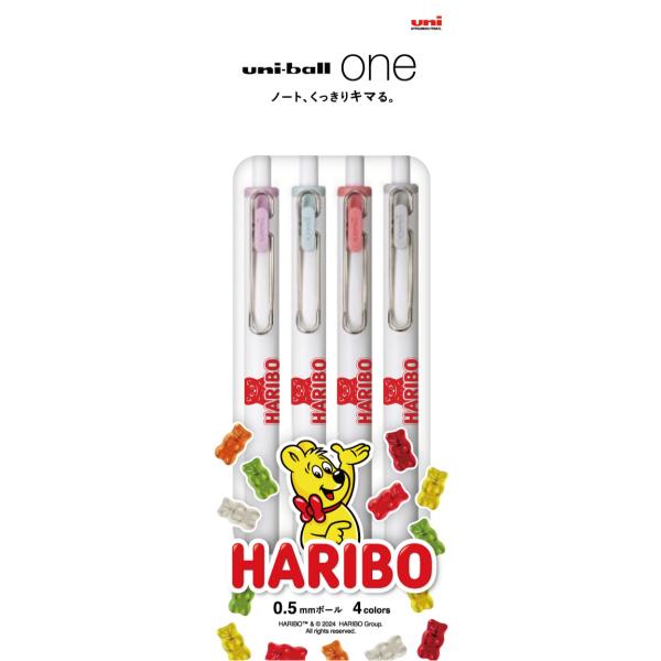 ≪商品スペック≫○商品名:ユニボール ワン 4色セット（HARIBOグミ×uniの勉強アイテム）○品番:UMNS054C2○機能:ノック式 ボールペン○小売価格（税別）:800円○インク色:プラムパープル・ポピーレッド・ネモフィラブルー・セ...