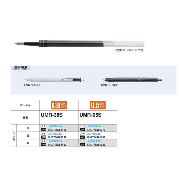 ≪商品スペック≫○商品名:ユニボールワン（F）専用 ゲルインクボールペン 替芯○品番:UMR-38S、UMR-05S○標準小売価格:100円＋税○インク色:黒・赤・青○ボール径:0.38mm、0.5mm○軸径φ×全長:Φ6.0×112.0m...
