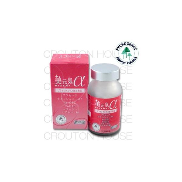 「いつまでもキレイ！いつまでも元気！」をコンセプトに開発された美元気αは「プラセンタ」「コラーゲン」「ヒアルロン酸」「CoQ10」「SOP」「α-GPC」さらに「ピクノジェノール」をバランスよく配合。使用されるピクノジェノール(Pycnog...