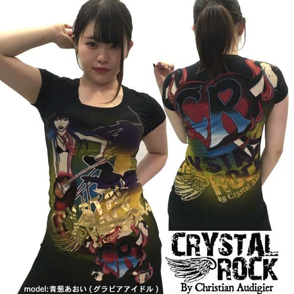 CRYSTAL ROCK クリスタルロック BY CHRISTIAN AUDIGIER クリスチャンオードジェー レディース チュニック Tシャツ ラインストーン ROCKBAND ブラック ハリウッド LAセレブ ファッション セレブ カ...