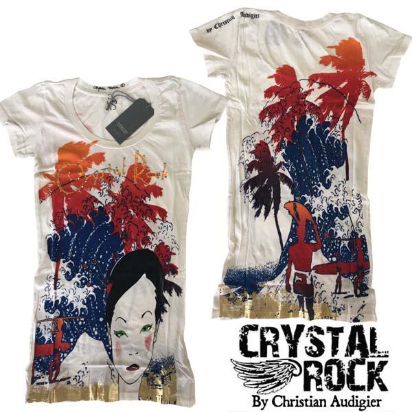 CRYSTAL ROCK クリスタルロック BY CHRISTIAN AUDIGIER クリスチャンオードジェー レディース チュニック Tシャツ ラインストーン SURFING ホワイト ハリウッド LAセレブ ファッション セレブ カジ...