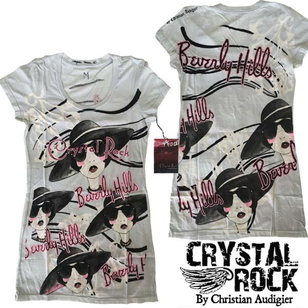 CRYSTAL ROCK クリスタルロック BY CHRISTIAN AUDIGIER クリスチャンオードジェー レディース チュニック Tシャツ ラインストーン BEVERLY HILLS ライトブルー ハリウッド LAセレブ ファッショ...