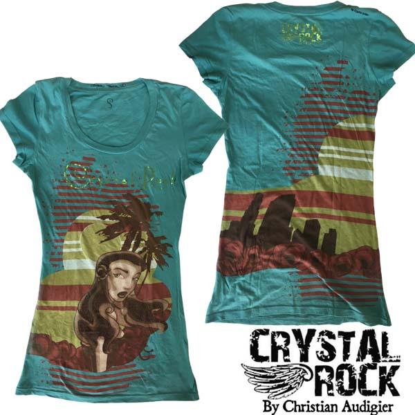 CRYSTAL ROCK クリスタルロック BY CHRISTIAN AUDIGIER クリスチャンオードジェー レディース チュニック Tシャツ ラインストーン SUNSET MYSTERY アクア ハリウッド ファッション セレブ カジ...