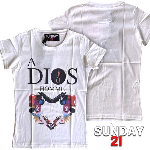 イタリア製 SUNDAY21 サンデー21 レディース Tシャツ John Galliano Dior Homme パロディー ADIOS DIOS ホワイト セレブ ブランド ファッション インポート カジュアル MADE IN ITAL...