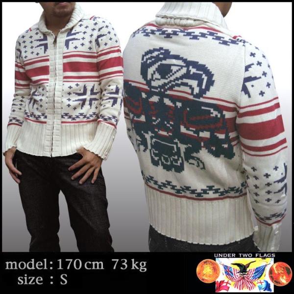【セール】 UNDER TWO FLAGS メンズ カウチン ニット カーディガン オフホワイト アンダートゥーフラッグス アメカジ HIPHOP ブランド ヒップホップ ストリート ファッション DICKIES ディッキーズ LRG AD...
