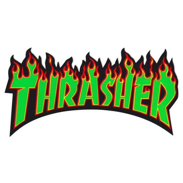 【THRASHER / STICKER】スケボー・スケートボードの老舗雑誌、THRASHER（スラッシャー）。FLAME ロゴのダイカットステッカーです。サイズ：約13cm x 26cm（LARGE）