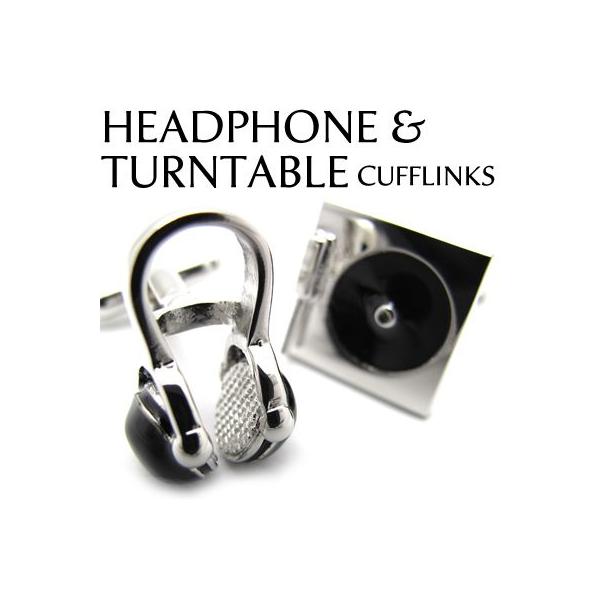 ヘッドフォンとターンテーブルをモチーフにしたデザインのカフス。黒い色だけ付けられており、遊び心がある、お洒落な商品です。音楽が好きな方に是非。