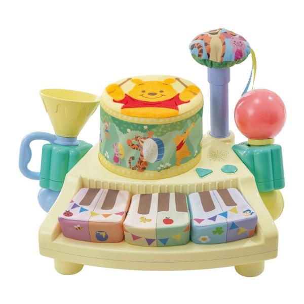６つの楽器でかんたん演奏ができる、くまのプーさんの、布のやわらか楽器セットです。（※布製は鍵盤・タイコ・シンバルのみ）・たたいたり、つかんだり、ひっぱったりして、あかちゃんが簡単に演奏を楽しめます・６種類の楽器遊び（ドラム、ピアノ、マラカス...