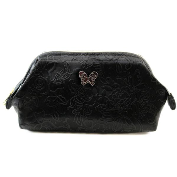 ブランド アナスイ　ANNA SUI　（レディース） 商品説明 艶感のある合皮生地にローズの型押しが美しい、高級感溢れるポーチです。マチ付きで収納力と機能性もあり、開口部にワイヤーを入れており、大きく開いたまま中身を取り出せるのがポイントで...